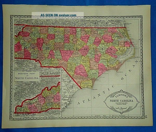 Vintage 1885 MAP NORTH CAROLINA Old Antique Tunison ' S Atlas Map ...