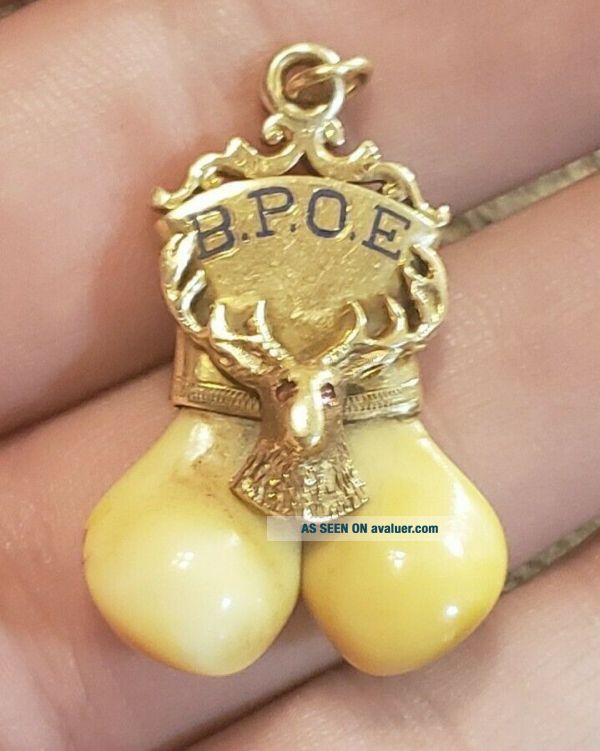 RARE EARLY 1900S 14KT GOLD BPOE ELKS DOUBLE ELK TOOTH FRATERNAL PENDANT ...