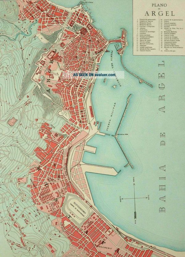 1900 Antique Rare City Map Of ALGIERS, ALGERIA. 120 Years Old Chart ...