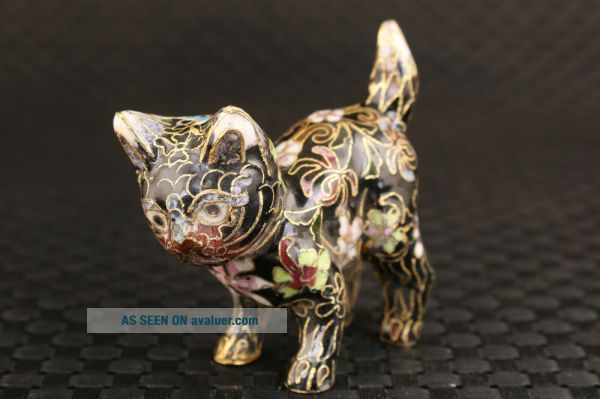 Chinese Old Cloisonne Handmade Cat Lovely Statue Figure Collectable ...
