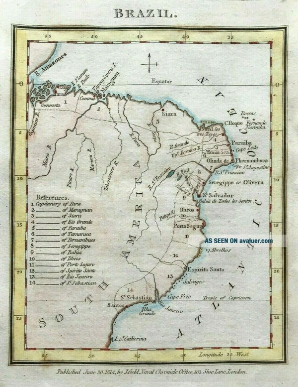 Map Of Brazil Atlantic Coast C1814 Rare Engraved Chart Antique | #30099671