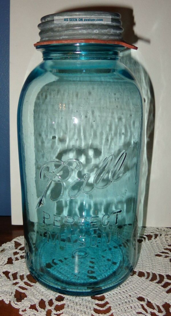 OLD ANTIQUE BLUE GLASS BALL PERFECT MASON HALF GALLON CANNING JAR ZINC ...