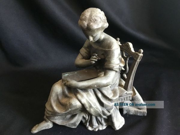 Antique Spelter Sculpture Statue Clock Topper Lady Writing W/ Books For ...