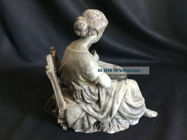 Antique Spelter Sculpture Statue Clock Topper Lady Writing W/ Books For ...