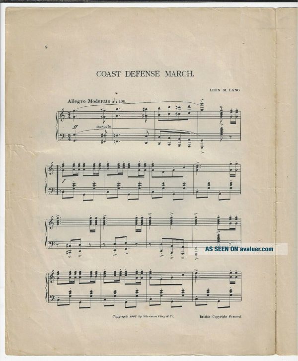 Rare COAST DEFENSE MARCH Sheet Music LARGEST GUN IN WORLD Sandy Hook NY ...