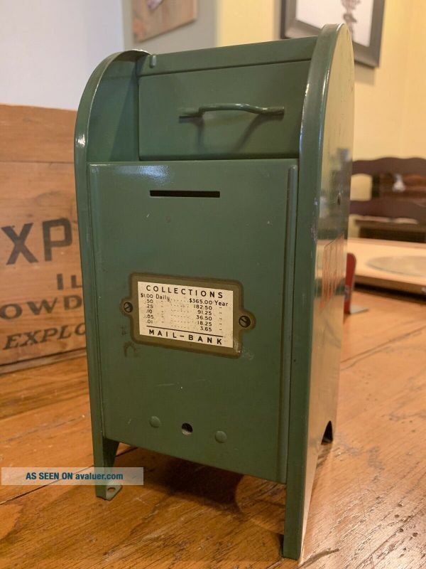MID 20TH C VINT ALL AMERICAN DARK GREEN PRESSED STEEL DECALED MAIL BOX ...