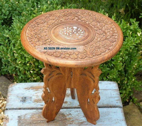 Small Vintage Indian Carved Wooden Table Plant Stand | #30308228