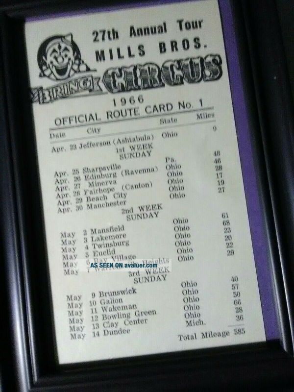 Very Rare Vintage Mills Bros Circus 1966 No. 1 Official Route Card 1 ...
