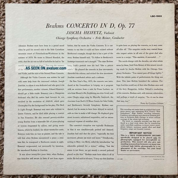 Brahms Violin Concerto In D Op 77, Heifetz & Reiner RCA LSC1903 SD 8S ...