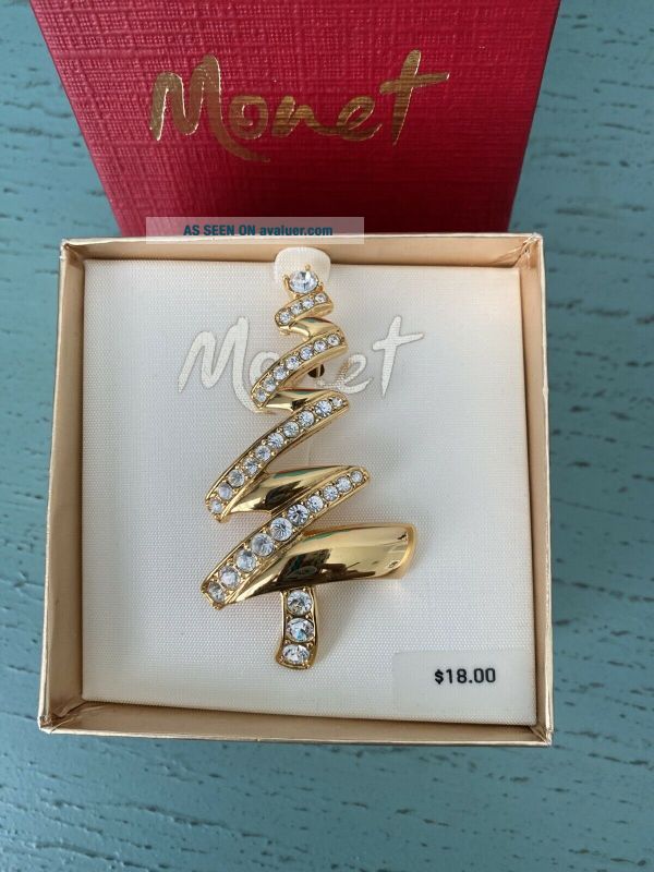 NIB Vintage Signed MONET Gold - Tone Metal Rhinestone Christmas Tree ...