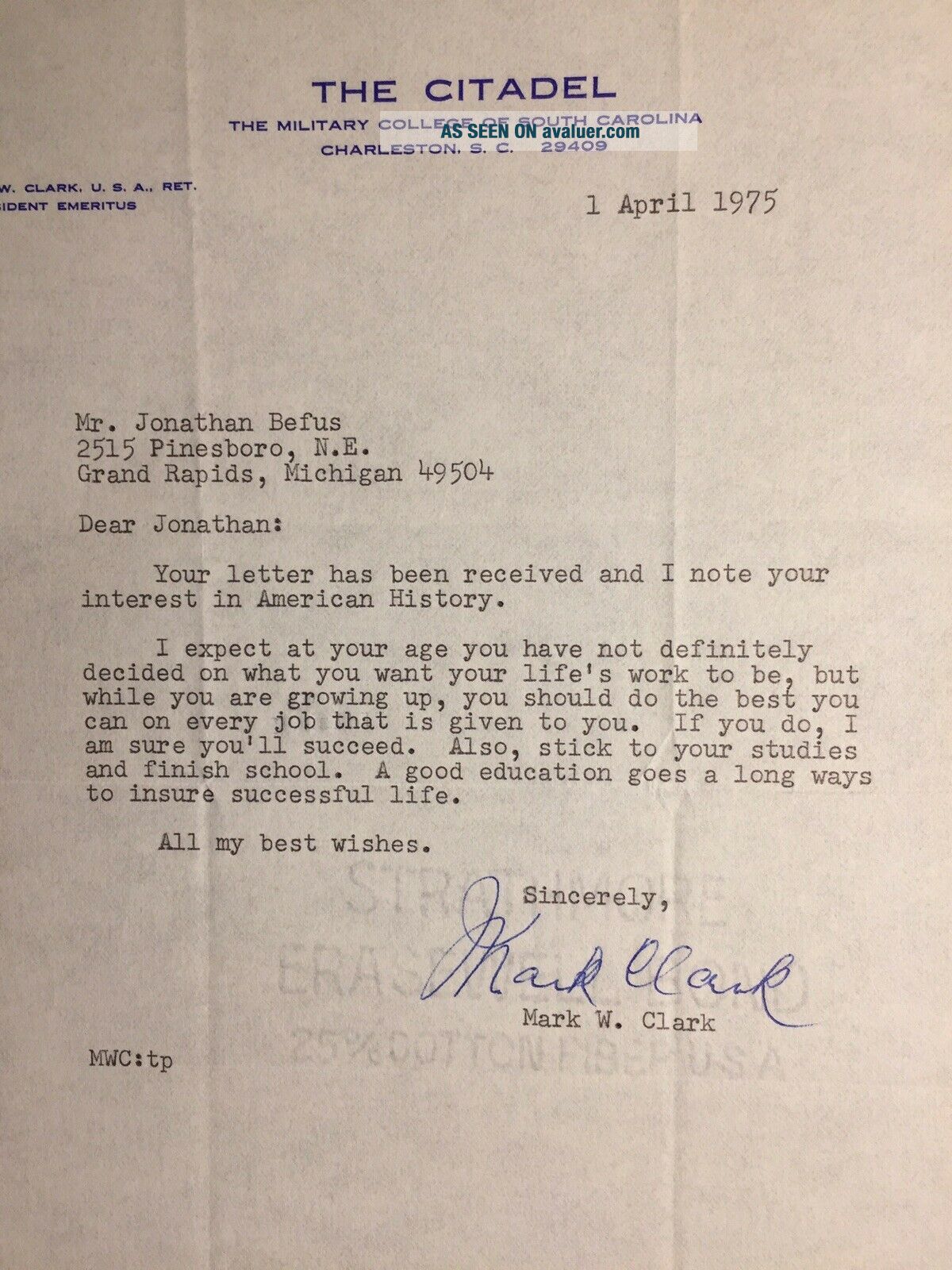 WW2 Mark Clark Signed Letter | #31432509