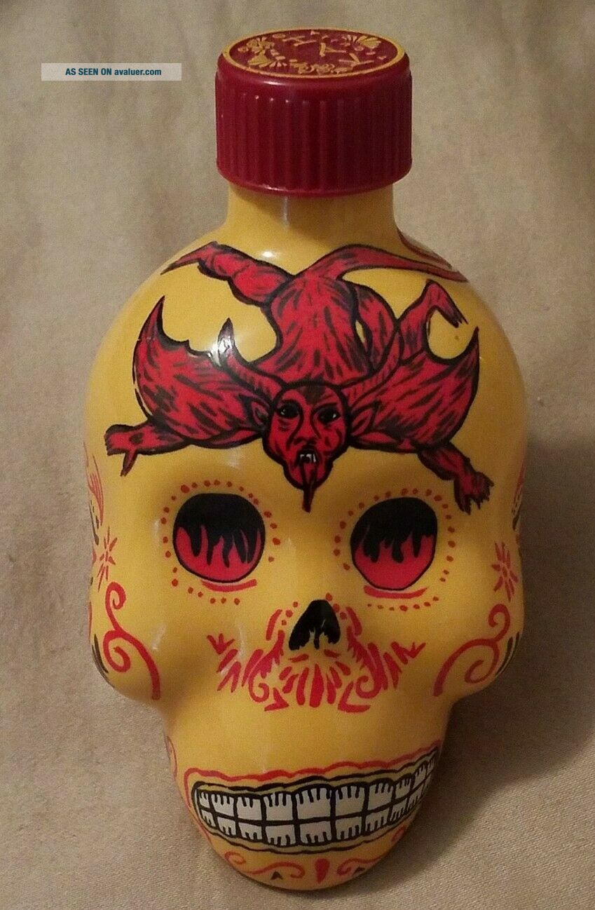 KAH Tequila Yellow & Red Devil Skull Empty Bottle Day Of The Dead. 50ml ...