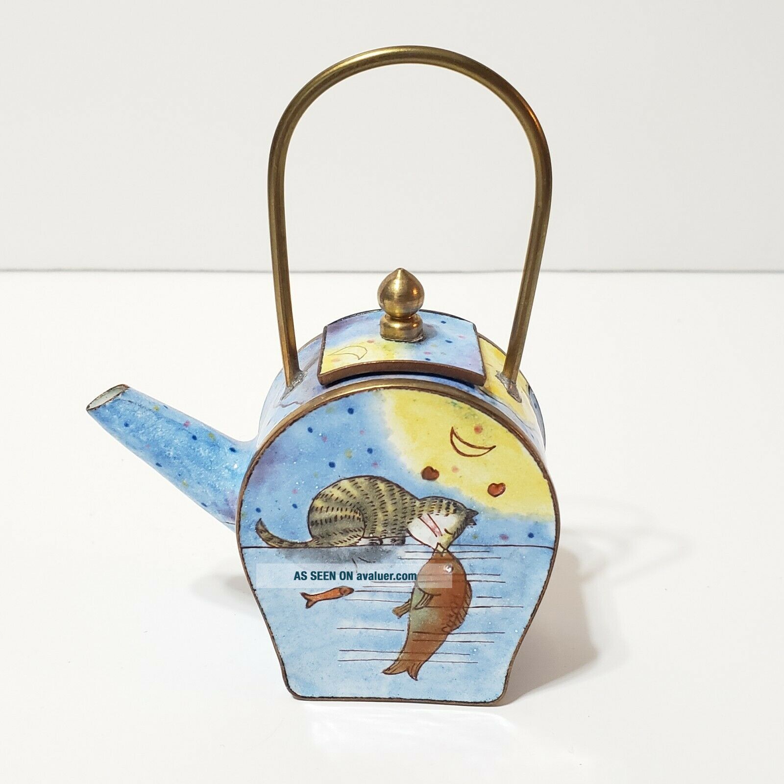 Vintage Mini Enameled Tea Pot Cat And Fish Empress Arts Hand Painted ...