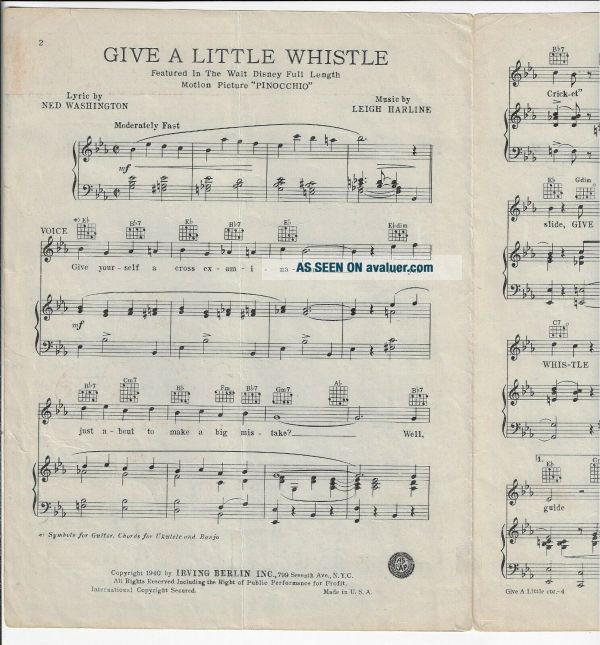 1940 WALT DISNEY Sheet Music GIVE A LITTLE WHISTLE From PINOCCHIO ...
