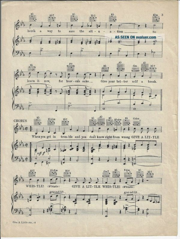 1940 WALT DISNEY Sheet Music GIVE A LITTLE WHISTLE From PINOCCHIO ...