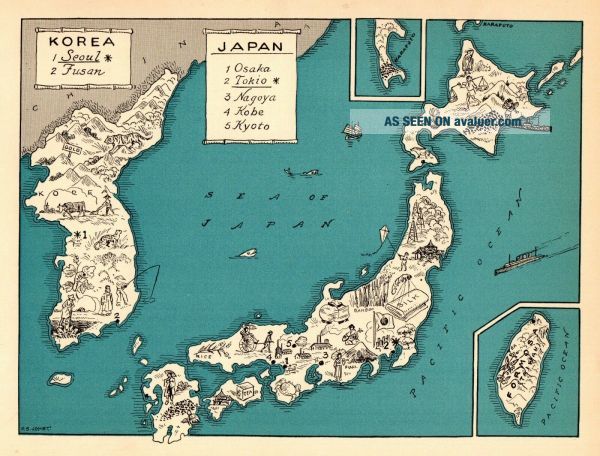 1932 Antique Animated JAPAN Map RARE Cartoon Picture Map Of KOREA BLU ...
