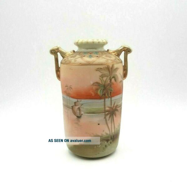 Antique Nippon Morimura Hand Painted Vase Palm Tree Landscape Moriage ...