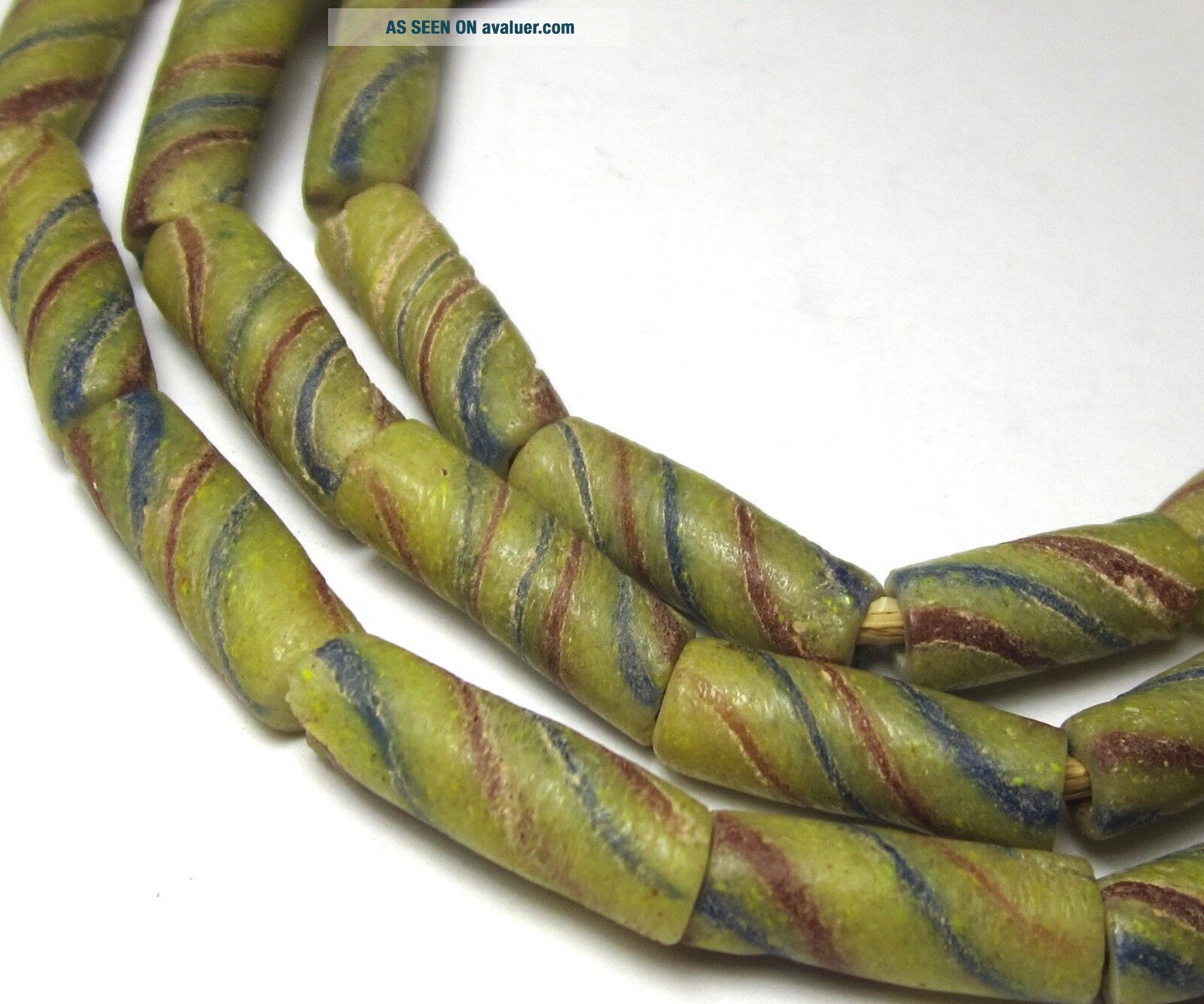 25 " STRAND OF RARE WELL WORN LONG YELLOW STRIPED GHANA SAND CAST GLASS ...