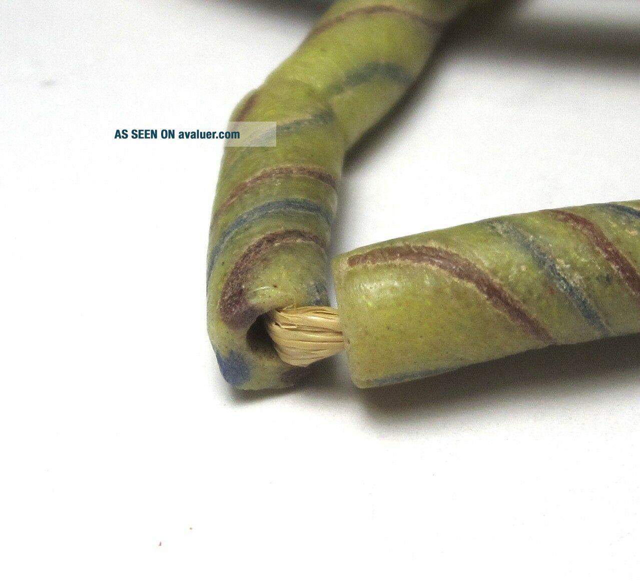 25 " STRAND OF RARE WELL WORN LONG YELLOW STRIPED GHANA SAND CAST GLASS ...
