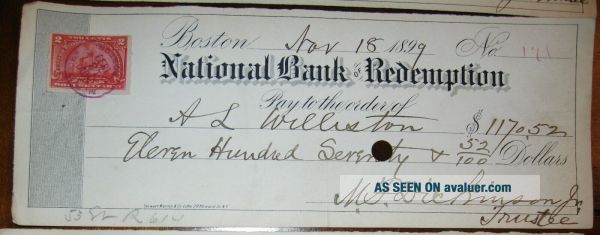 3 ANTIQUE 1899 NATIONAL BANK OF REDEMPTION CHECKS WITH REVENUE STAMPS ...