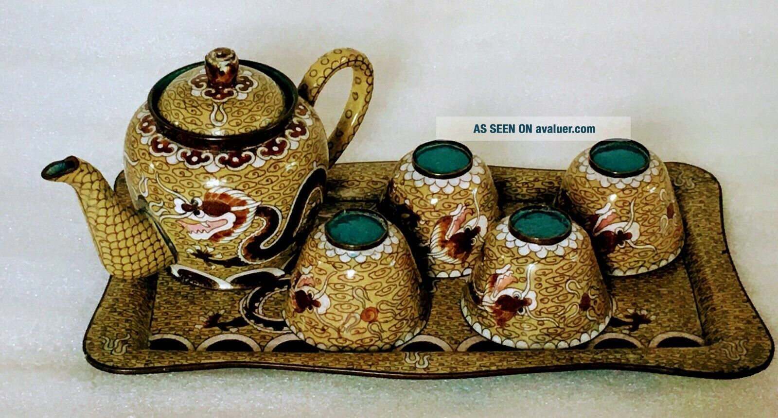 A RARE C20th Chinese Dragons Chasing Flaming Pearl Cloisonne Tea Set On ...