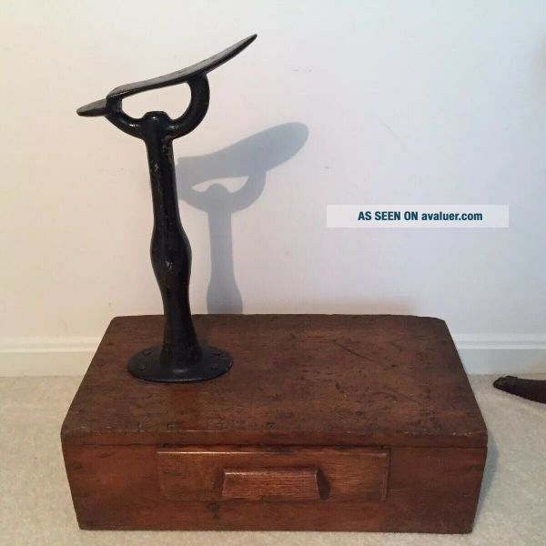 Antique Wooden Shoe Box W/ Drawer And 14” Attached Cast Iron Tree Stand ...