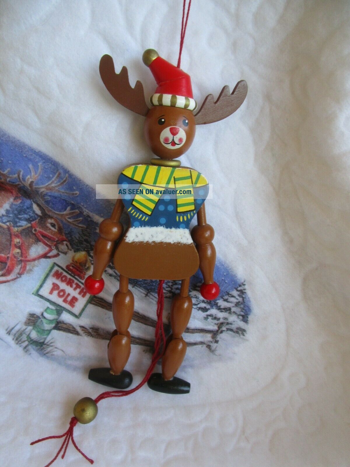 VINTAGE RARE WOOD RED NOSE REINDEER PULL STRING PUPPET TOY CHRISTMAS ...