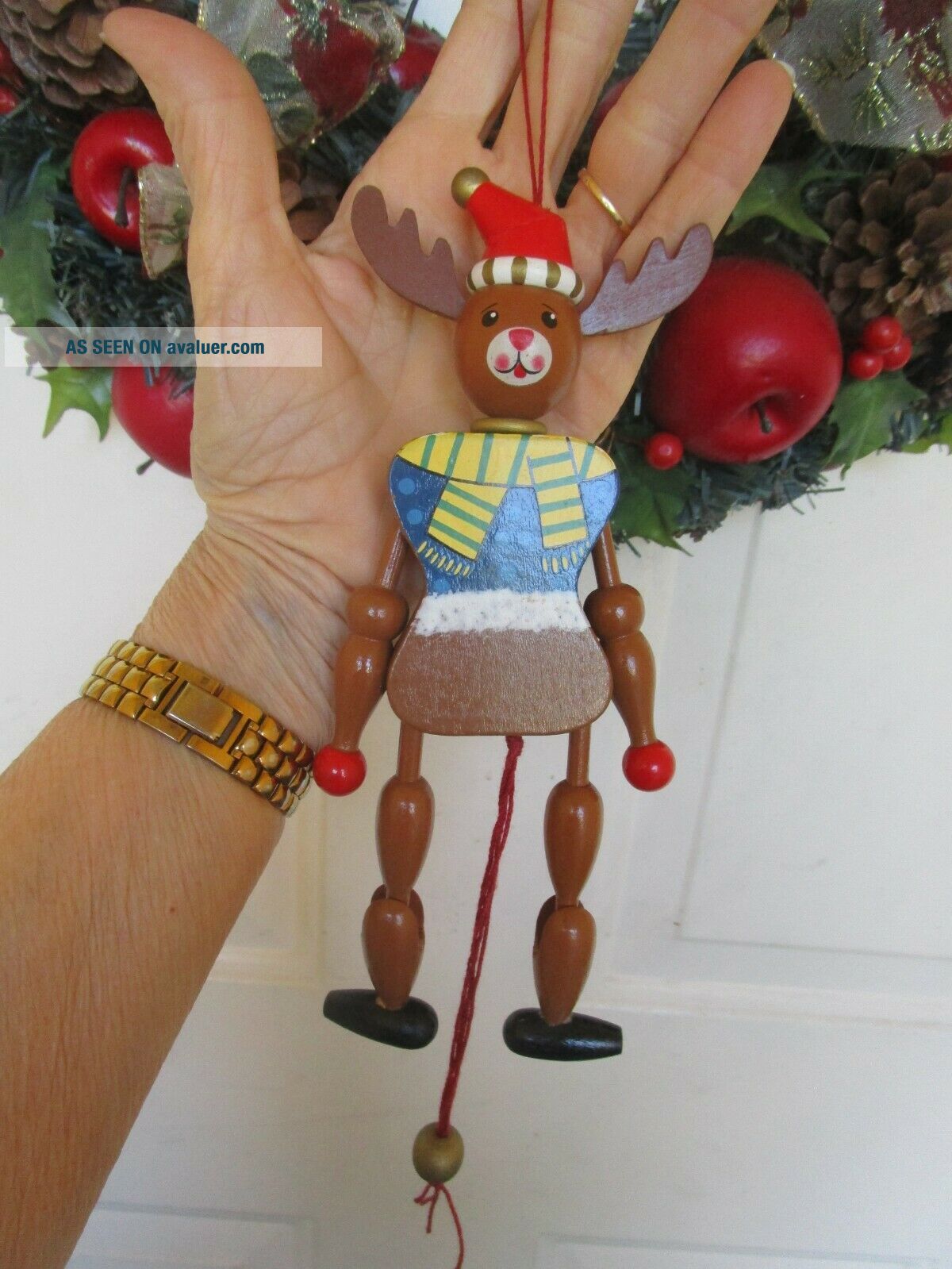 VINTAGE RARE WOOD RED NOSE REINDEER PULL STRING PUPPET TOY CHRISTMAS ...