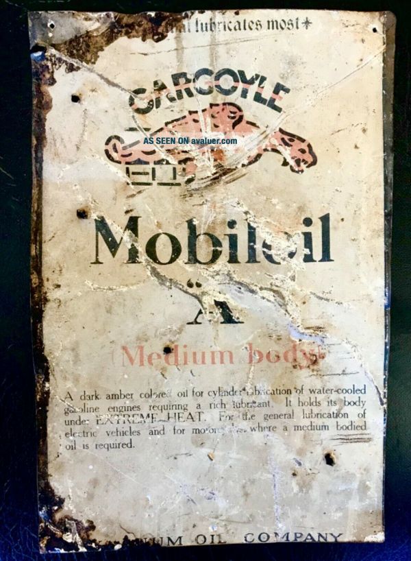 VINTAGE ANTIQUE GARGOYLE MOBILOIL “A” VACUUM OIL COMPANY Tin Sign ...