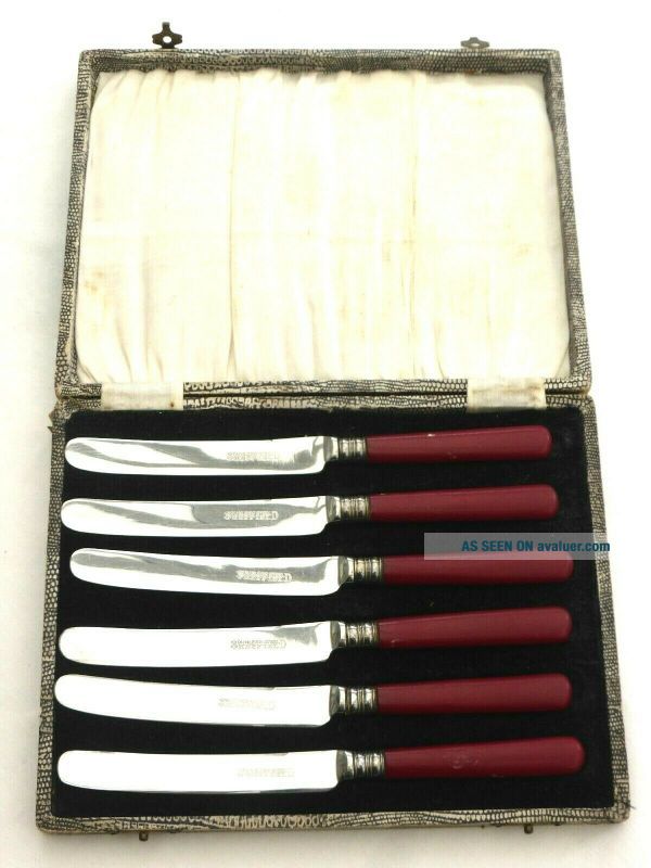 CASE OF 6 X ART DECO STAINLESS STEEL BUTTER KNIVES WITH RED HANDLES ...