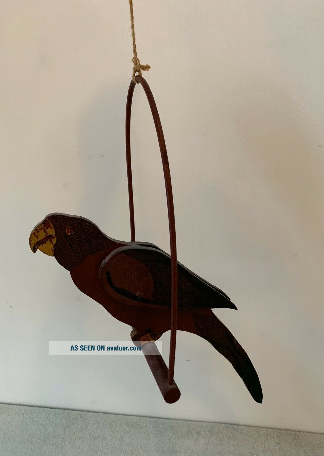 RARE ANTIQUE FOLK ART WOOD PARROT ON PERCH | #43603780