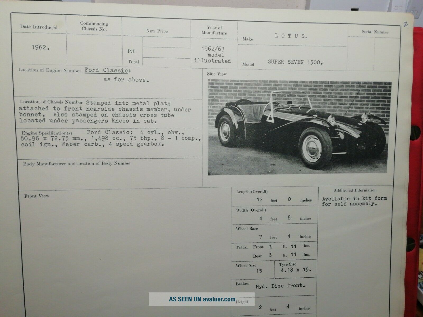 LOTUS SEVEN 1500 1962 RARE ITEM LEAFLET BROCHURE | #43623982