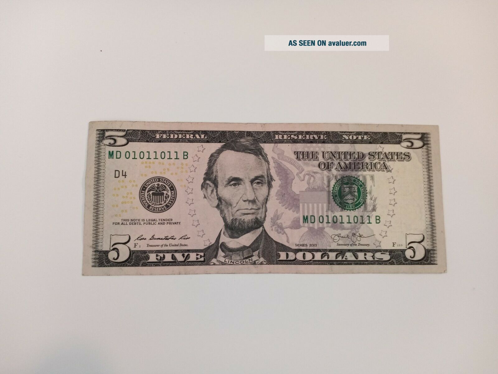 Series 2013 $5 Dollars Note Rare Serial Number MD 01011011 B | #43777022