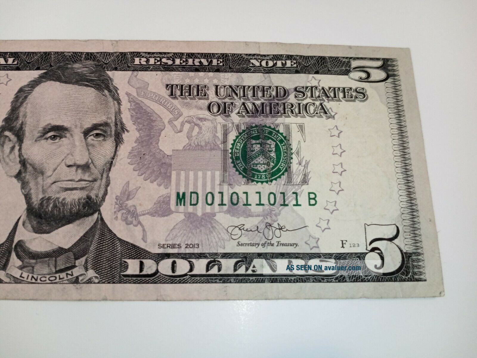 Series 2013 $5 Dollars Note Rare Serial Number MD 01011011 B | #43777022