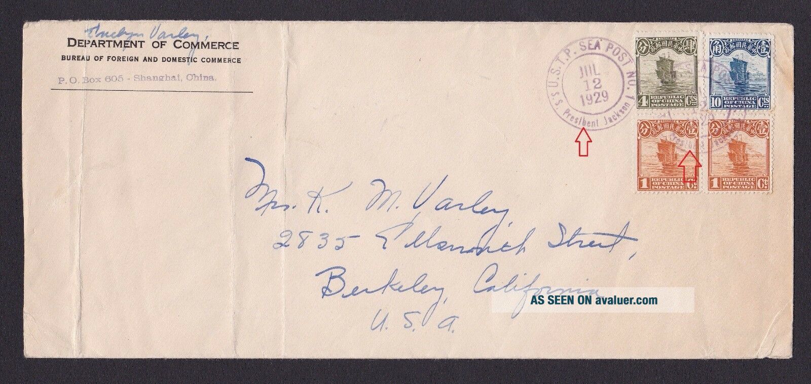 China 1929 Official Cover To USA Via USTP Sea Post With Rare Pmk Error ...