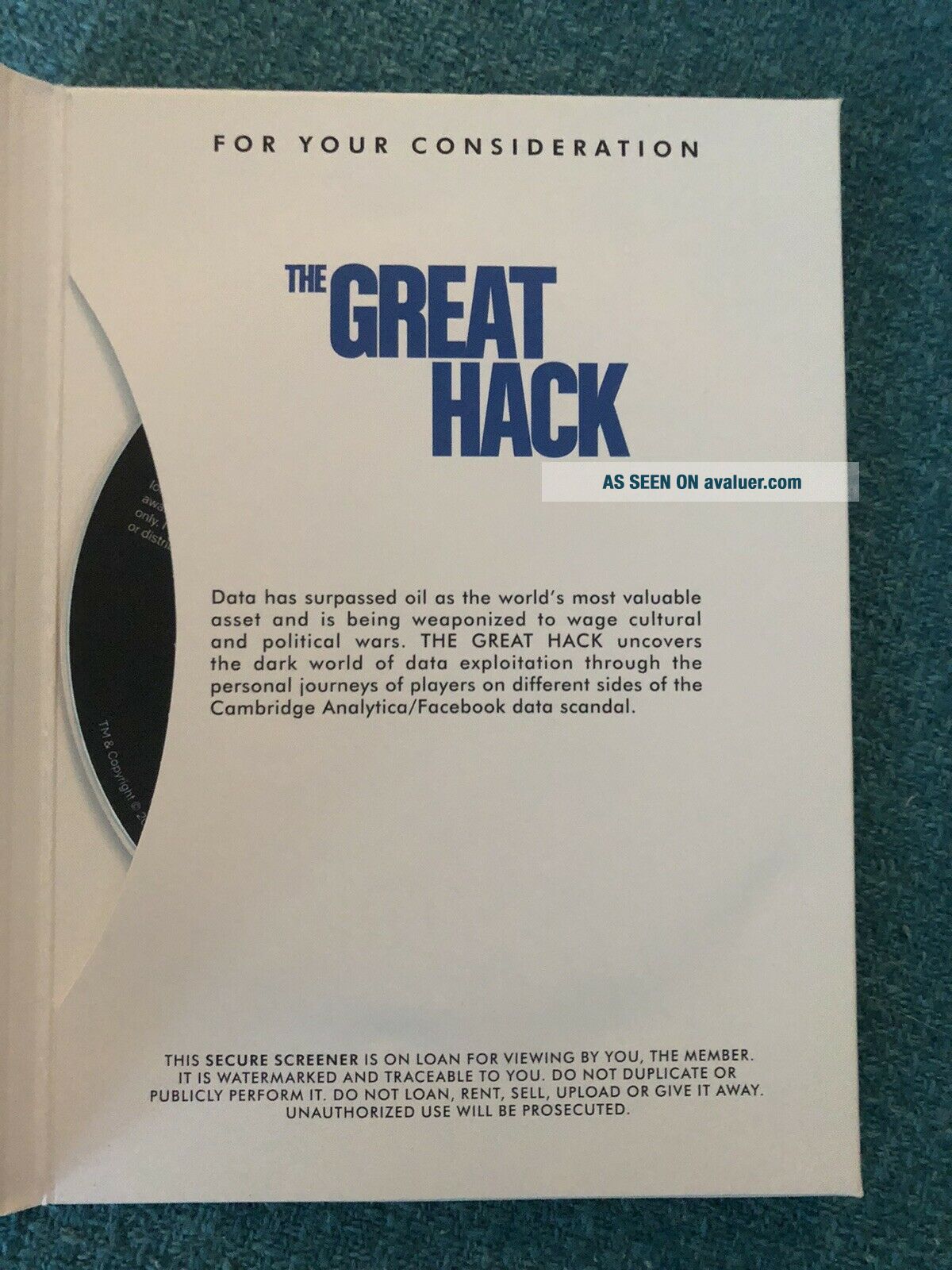 RARE FYC DVD The Great Hack Netflix SCREENER FOR YOUR CONSIDERATION ...