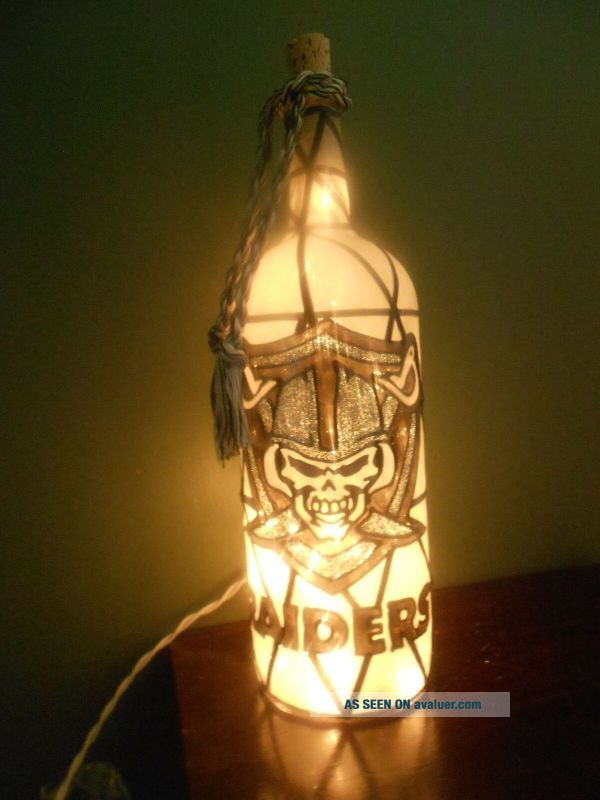 Raiders Skull Inspiered Hand Painted Lighted Wine Bottle Stained Glass ...