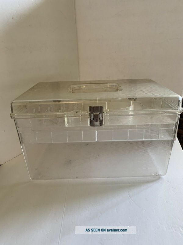 Vtg Hard Clear Plastic Sewing Box 2 Divided Levels With Divided Trays ...