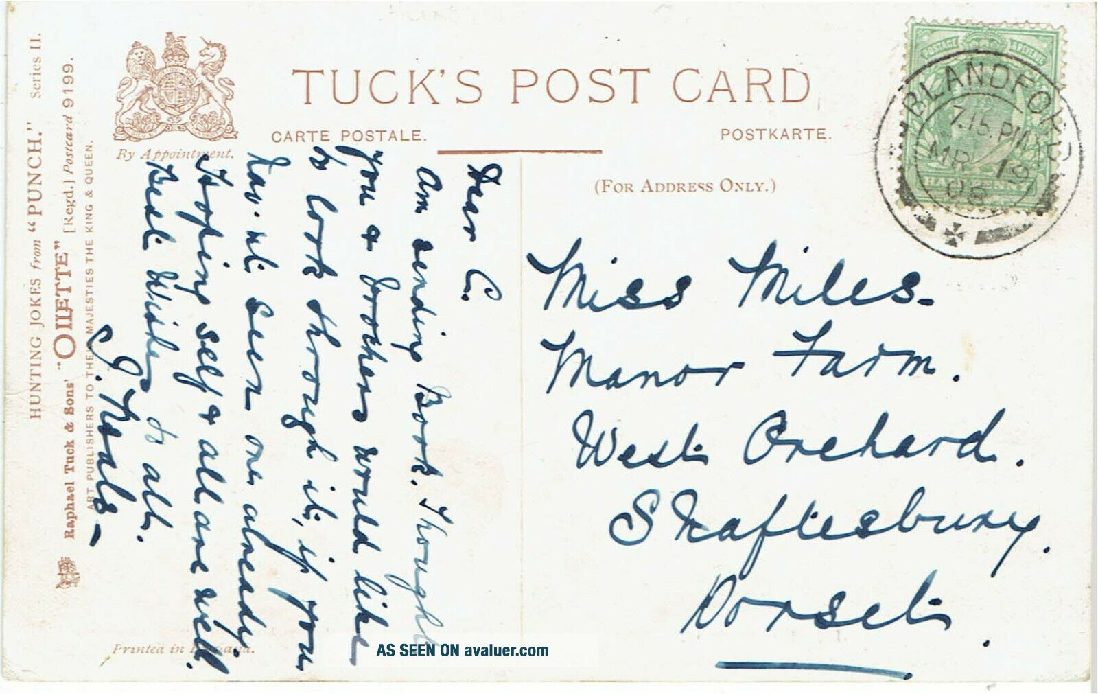 RAPHAEL TUCK ARTIST DRAWN OLD POSTCARD FOX HUNTING SCENE FROM PUNCH ...