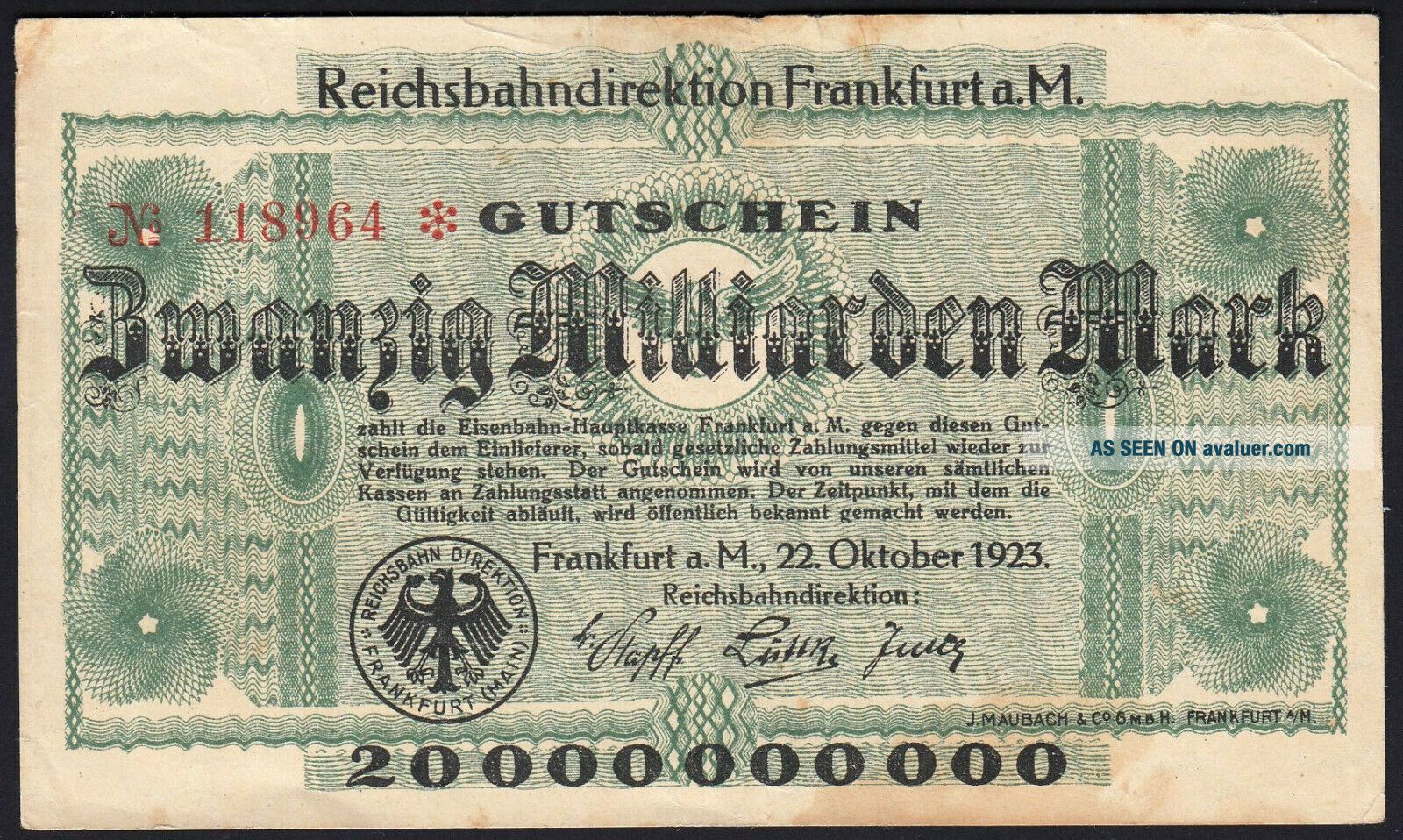 1923 20 Billion Mark Frankfurt Germany Railroad Rare Emergency Money ...