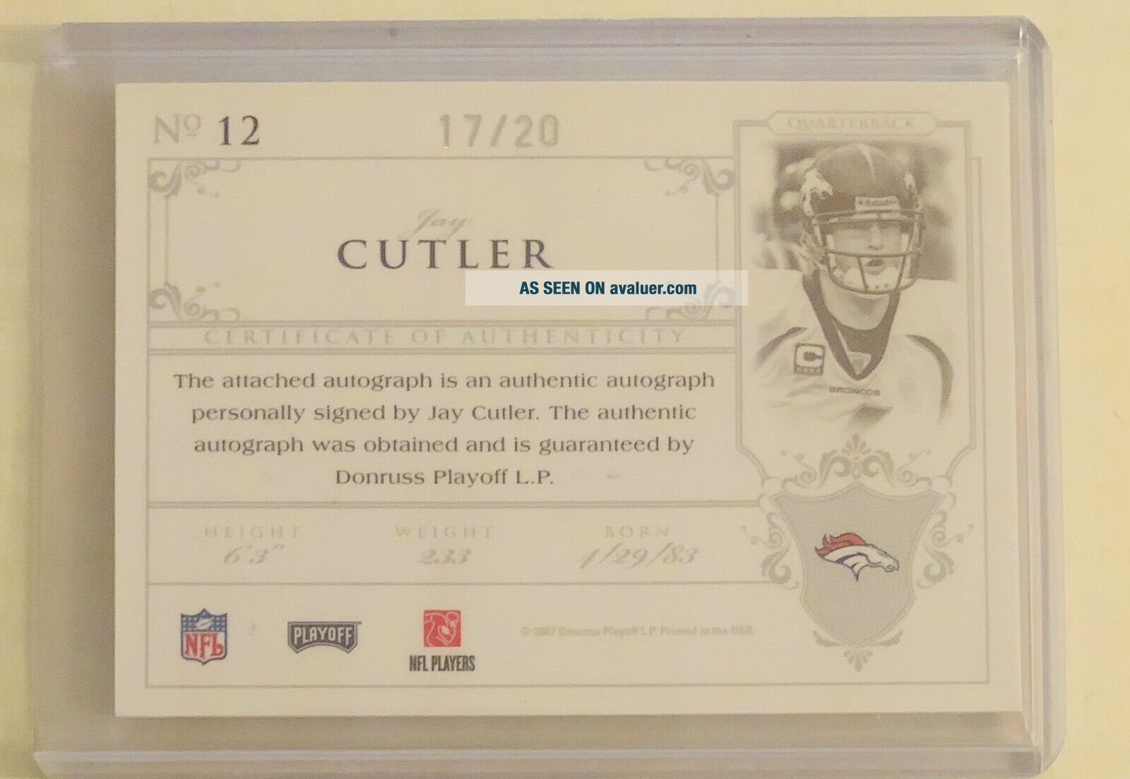 2007 Playoff National Treasures Jay Cutler Autograph Auto 17/20 Rare ...