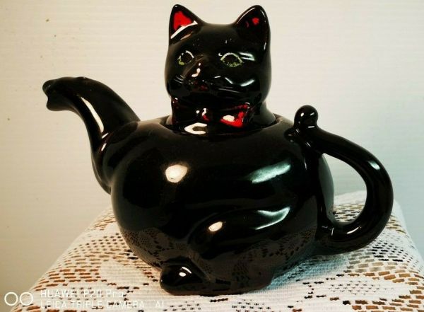 Vintage 1950 ' S Shafford Halloween Black Cat W Bow Teapot Japan Red ...