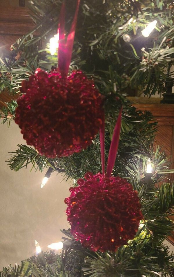 Set 2 Vintage Red Beaded Sequin Dangling Christmas Tree Ball Ornaments ...