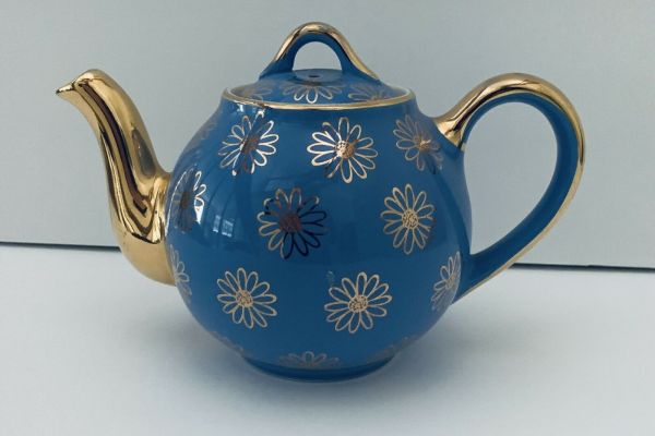 HALL Blue With Gold Trim TEAPOT Floral 4 Cup Tea Pot Vintage | #56978082