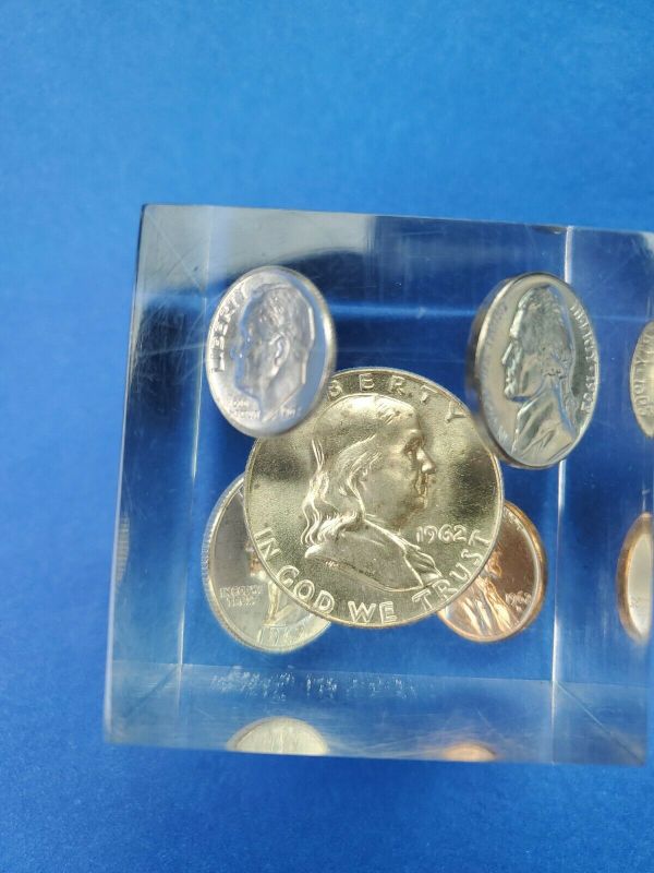 Vintage 1962 US Proof Coin Set In Lucite Paper Weight Cube | #57044700