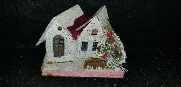 VINTAGE JAPAN CARDBOARD CHRISTMAS HOUSE PUTZ PINK MICA W/ TREE ...