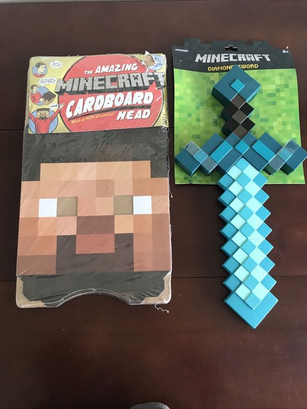 THE Minecraft Cardboard Head Steve & Diamond Sword Costume Cosplay ...